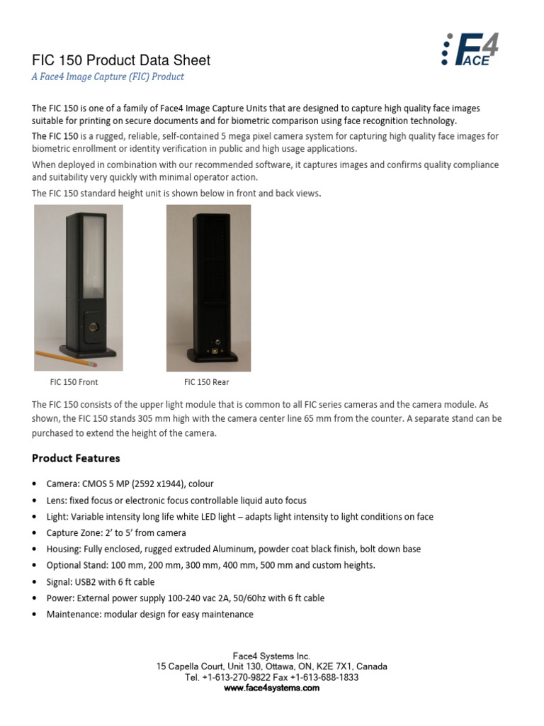 FIC 150 Face Image Capture Unit | PDF | Camera | Pixel