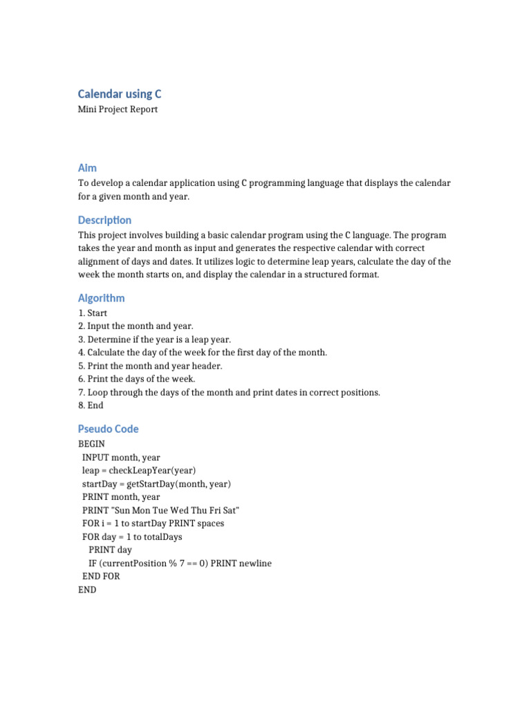 Calendar C Project Report | PDF | Computer Science | Computing