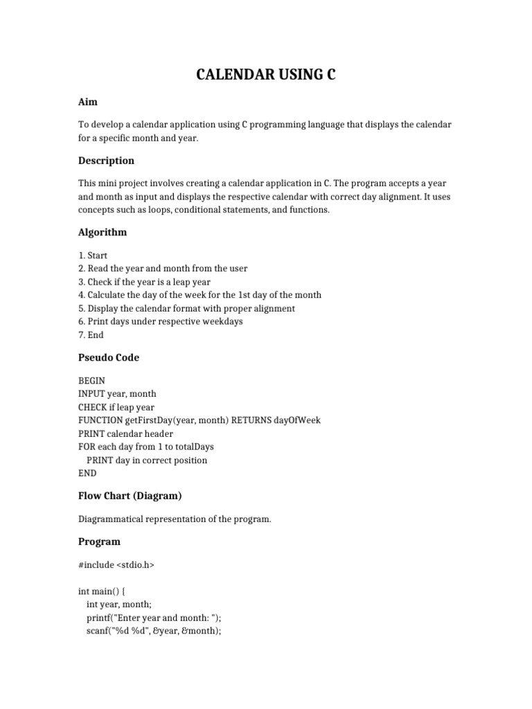 C Calendar Application Project | PDF