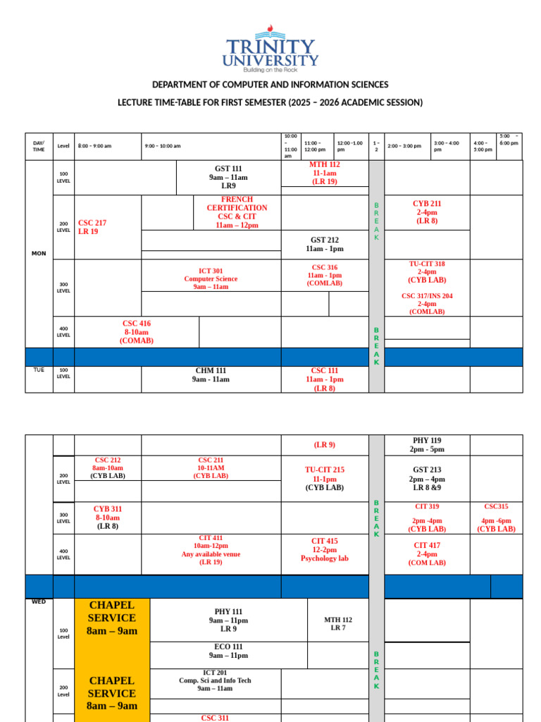 Computer Science Semester Timetable 2025-2026 | PDF