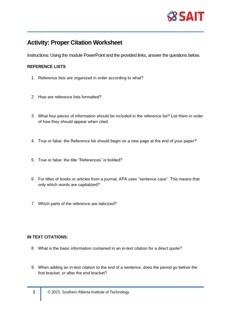 Proper Citation Worksheet O.1 2024 | PDF | Citation | Bracket