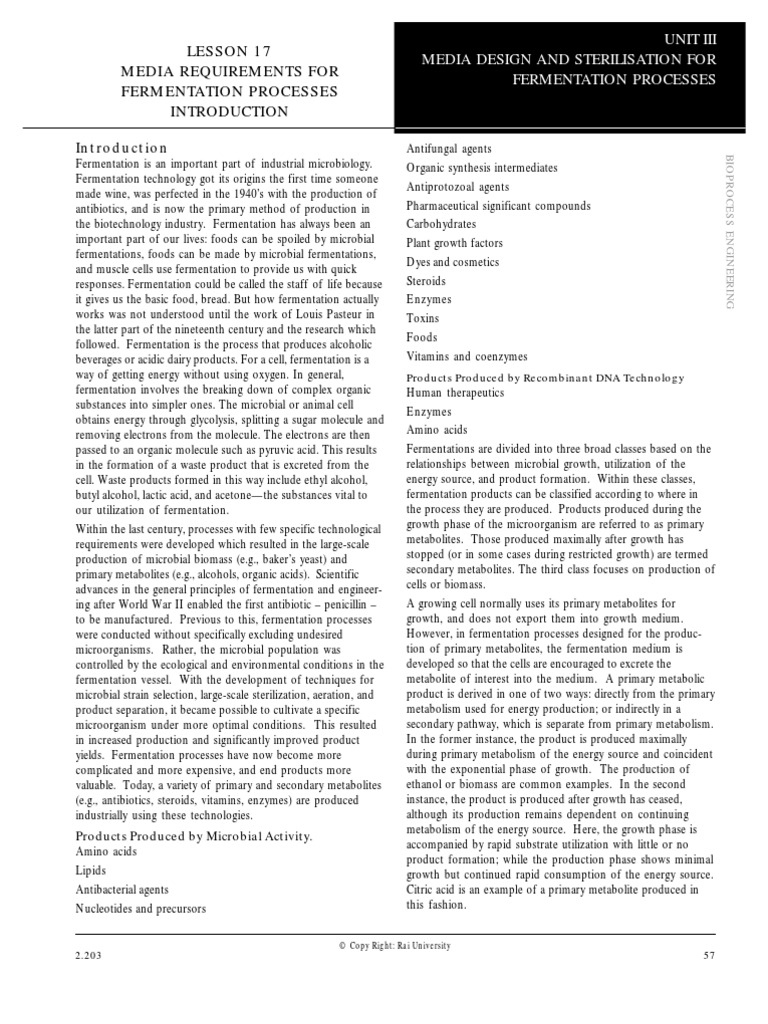 Lesson 17 Media Requirements For Fermentation Processes | PDF | Fermentation | Growth Medium
