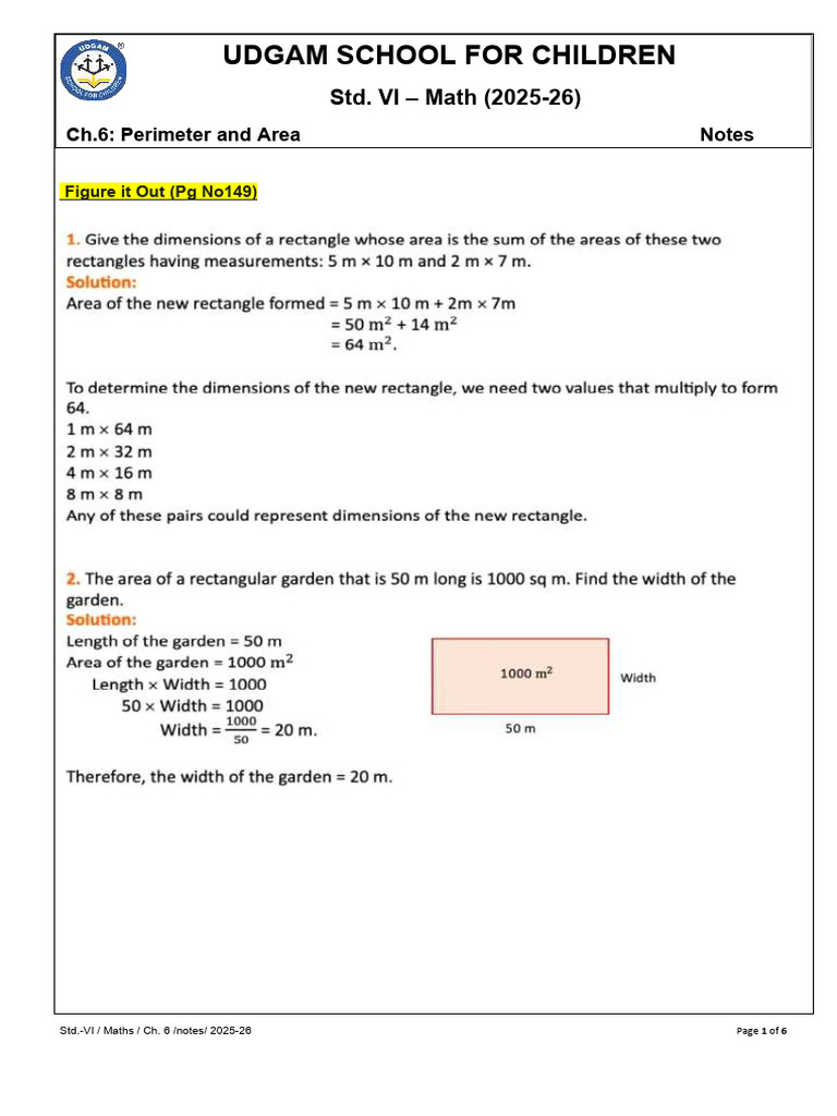 Std VI Math: Perimeter and Area Notes | PDF | Area | Geometry