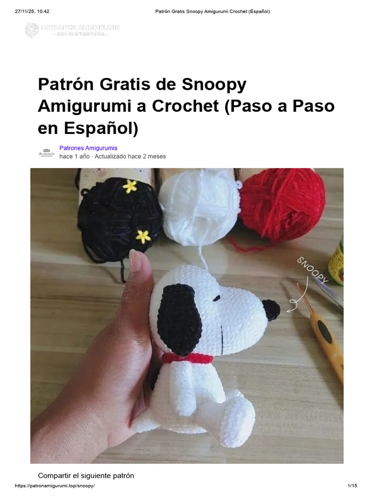 Patrón Snoopy Amigurumi Gratis en Español | PDF | Amigurumi | Tecnicas ...