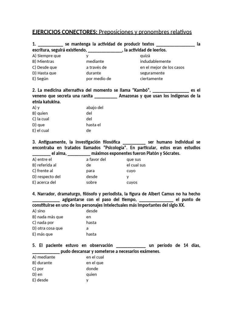 EJERCICIOS CONECTORES (Preposiciones y Pronombres Relativos) | PDF