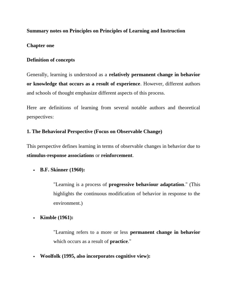 Summary Notes On Principles On Principles of Learning and Instruction ...