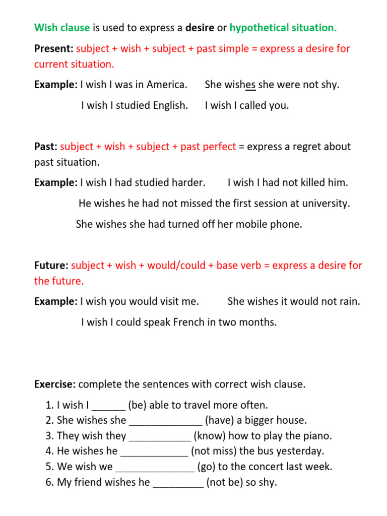Wish Clause Is Used To Express A Desire or Hypothetical Situation | PDF