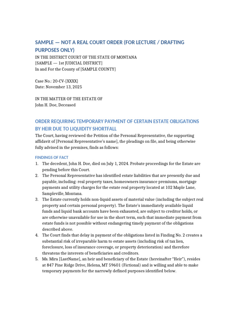 Sample Montana Court Order Mira | PDF | Probate | Insurance