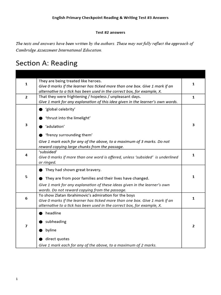 English Primary Checkpoint Reading Writing Test 3 Answers | PDF ...