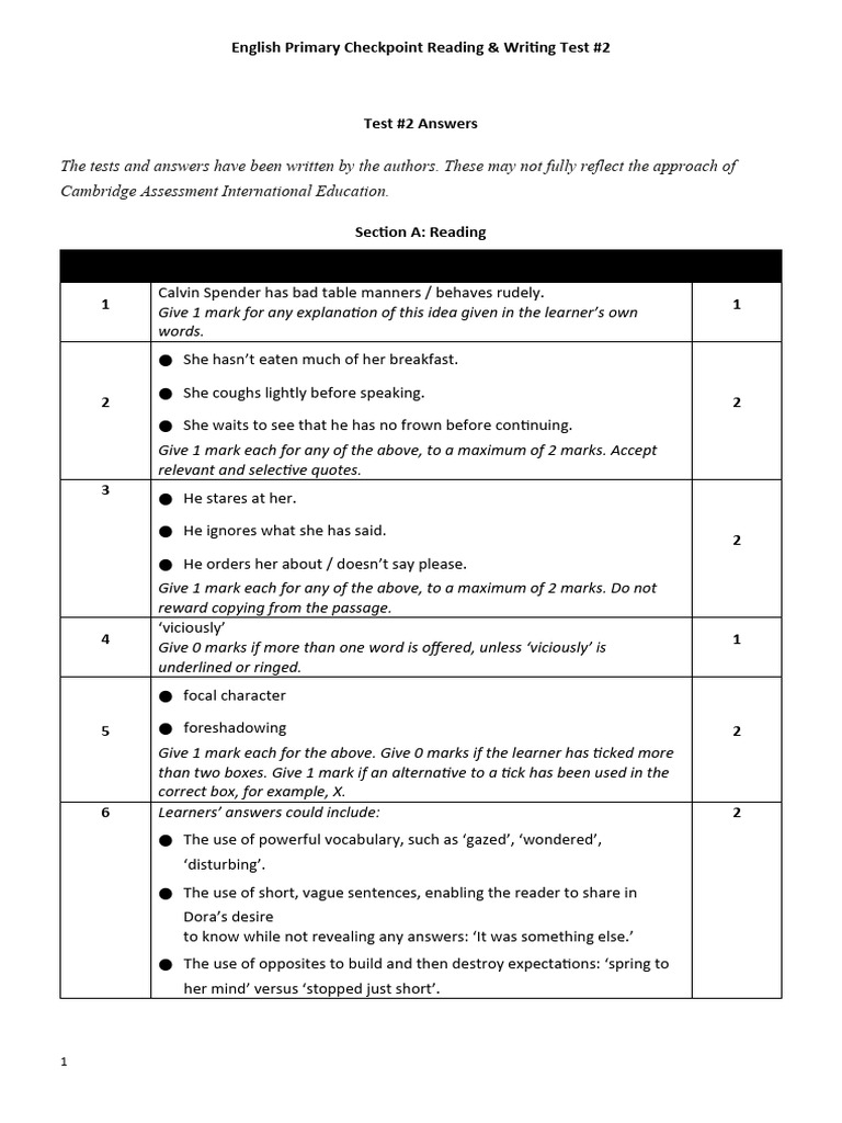 English Primary Checkpoint Reading Writing Test 2 Answers | PDF ...