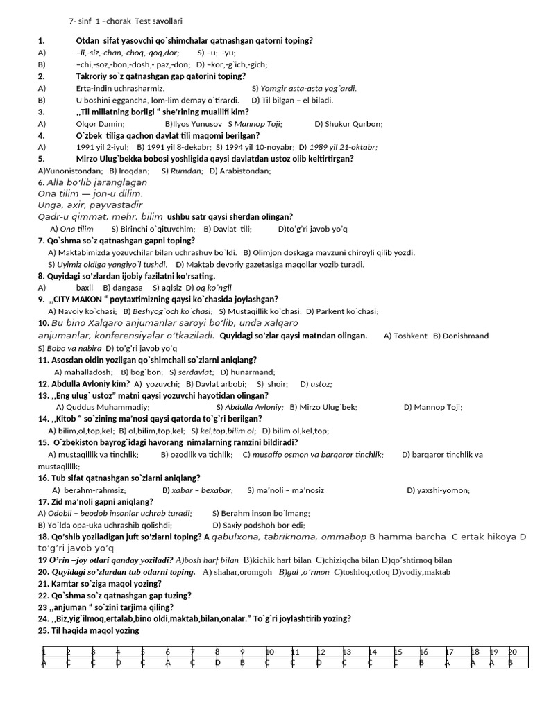7-Sinf 1-2-3-4-Chorak Test | PDF
