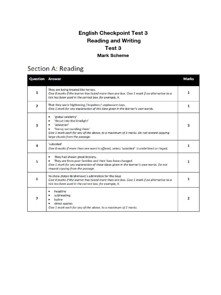 English Checkpoint Reading Writing Test 3 MS | PDF