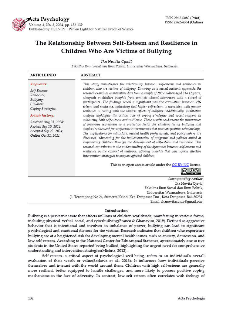 Self-Esteem and Resilience in Bullying Victims | PDF | Psychological ...