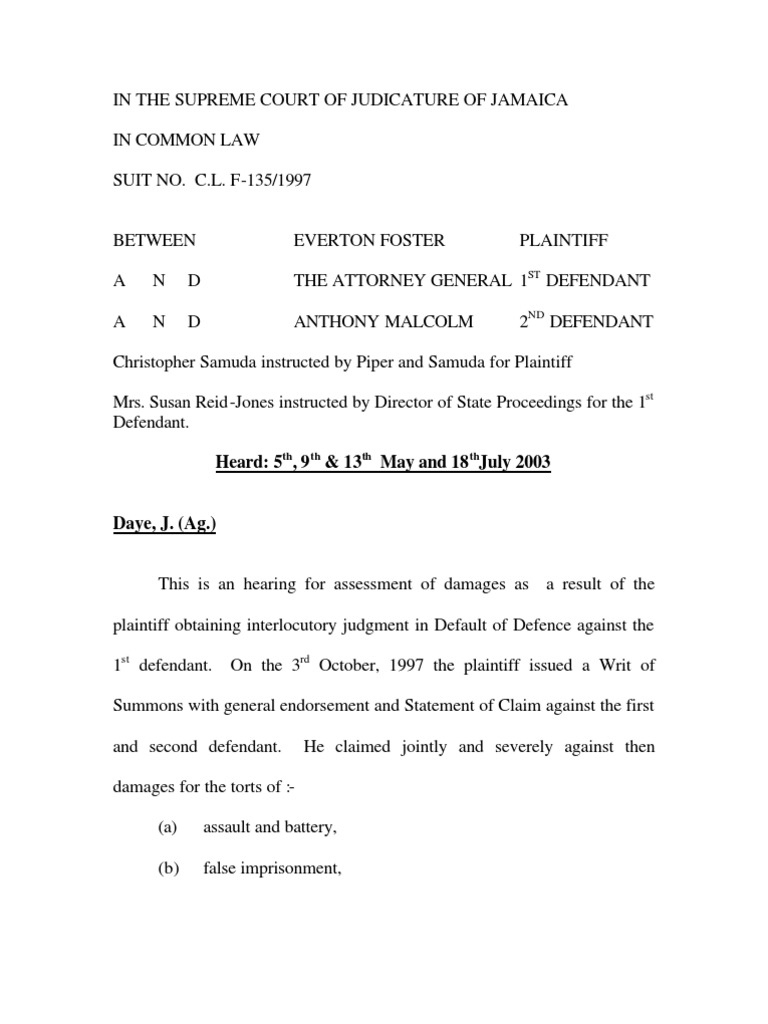 Everton Foster V Ag of Jamaica | PDF | Punitive Damages | Damages