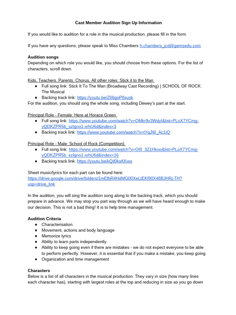 Audition Sign Up for School of Rock Musical | PDF
