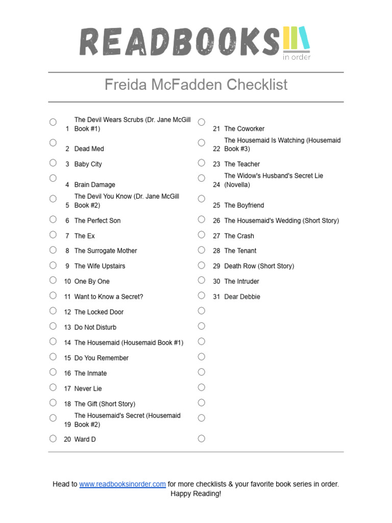 Freida McFadden Books Printable Checklist | PDF