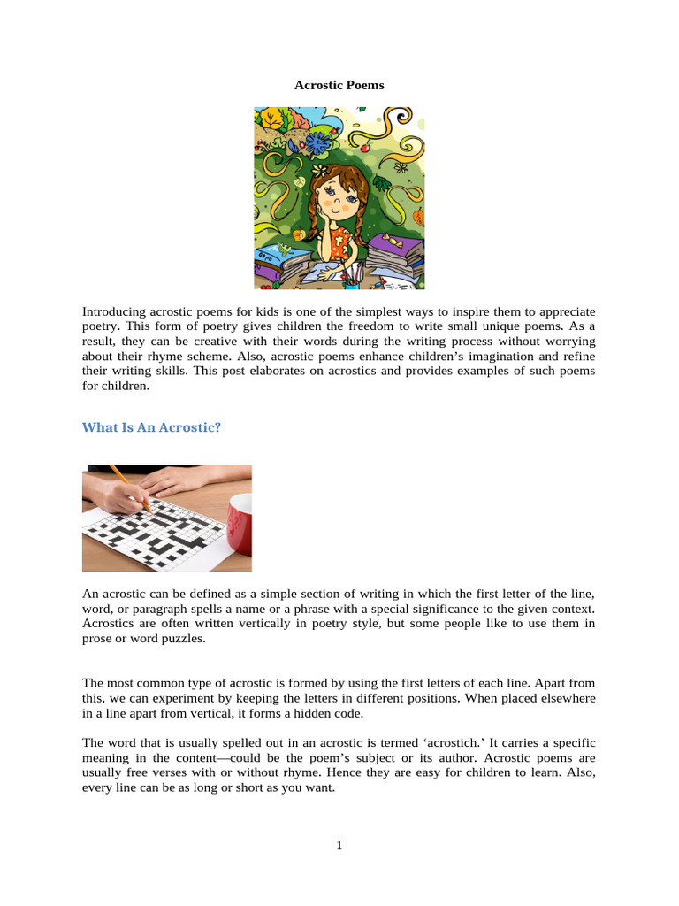 Acrostic Poems for Kids: A Guide | PDF | Poetry | Narrative Forms