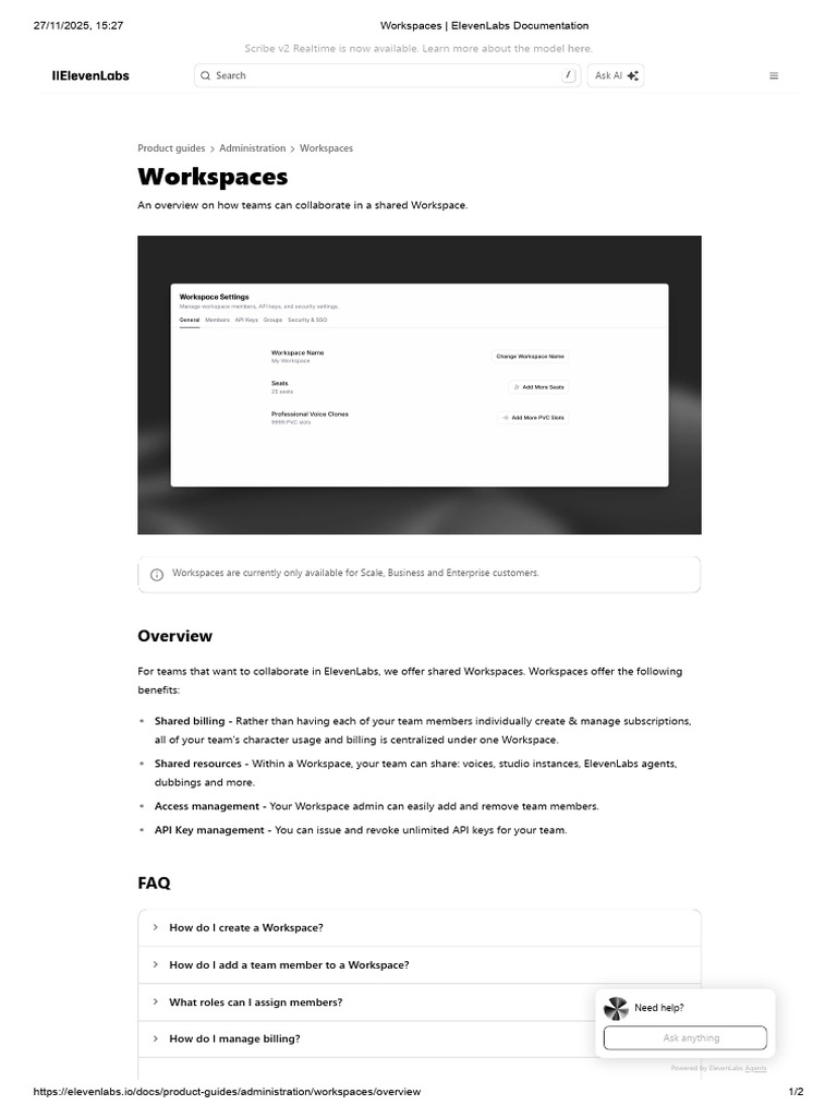 Workspaces _ ElevenLabs Documentation Workspaces | PDF | Computing | Software