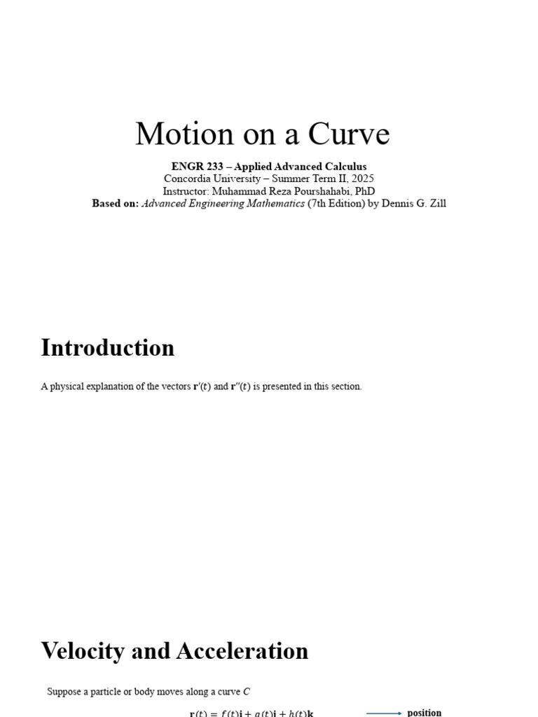 Motion On A Curve: ENGR 233 Applied Advanced Calculus Based On | PDF ...