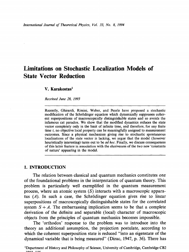 Karakostas Limitations On Stochastic Localization Models Of State