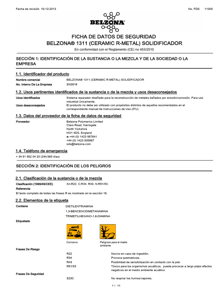 Ficha de Seguridad Belzona 1311 R-Metal | PDF | Residuos | Agua