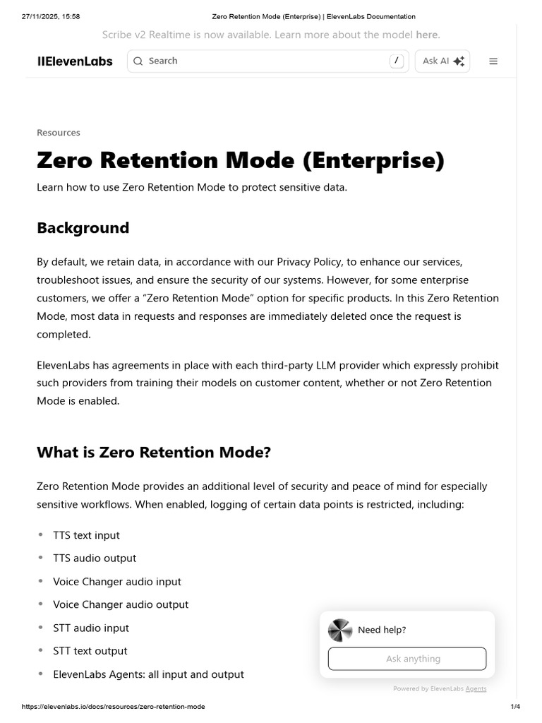 Zero Retention Mode (Enterprise) - ElevenLabs Documentation | PDF ...