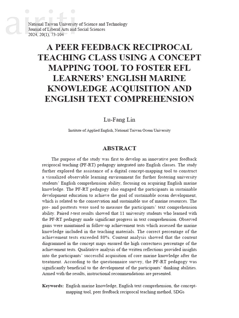 A Peer Feedback Reciprocal Teaching Class Using A Concept Mapping Tool ...