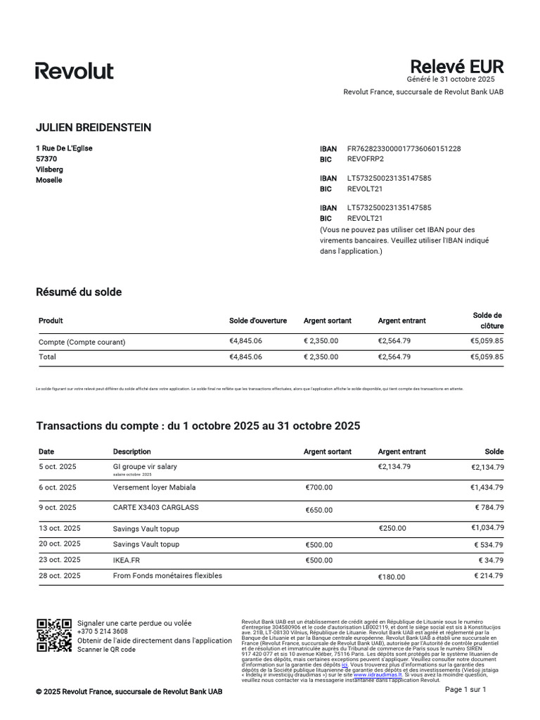 Relevé de compte Revolut - Octobre 2025 | PDF | Argent | Services ...
