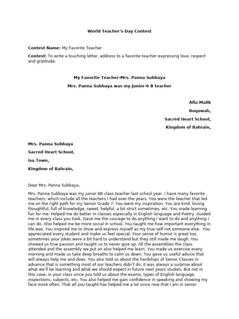 Letter to My Favorite Teacher | PDF | Teachers