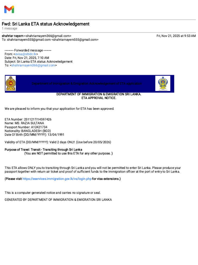 Gmail - FWD - Sri Lanka ETA Status Acknowledgement | PDF