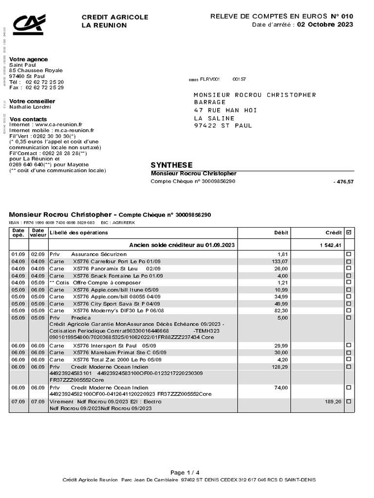Relevé de Compte Crédit Agricole 10/2023 | PDF | Crédit | Finance et ...
