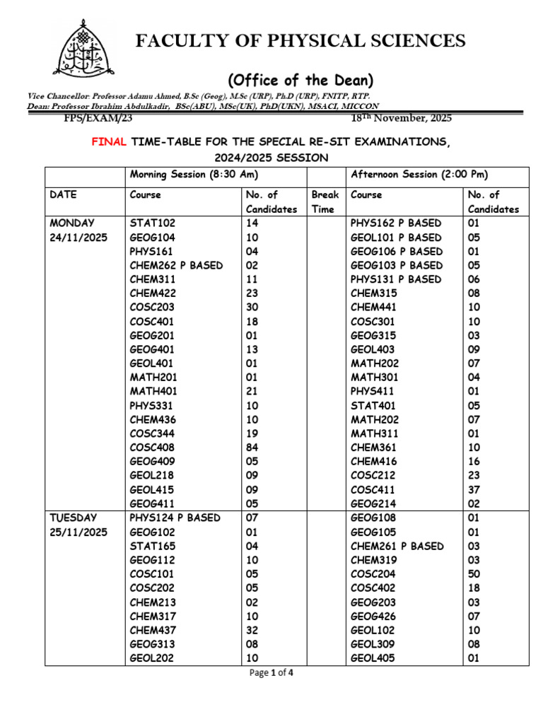 ABU Special Re-Sit Exam Timetable 2025 | PDF | Academic Degree ...