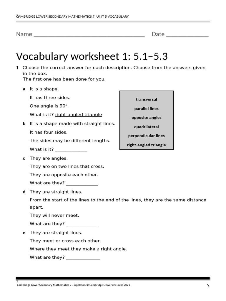 Cambridge Math 7 Unit 5 Vocabulary Guide | PDF | Circle | Perpendicular