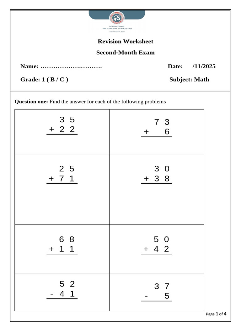 Grade 1 Math Revision Worksheet | PDF