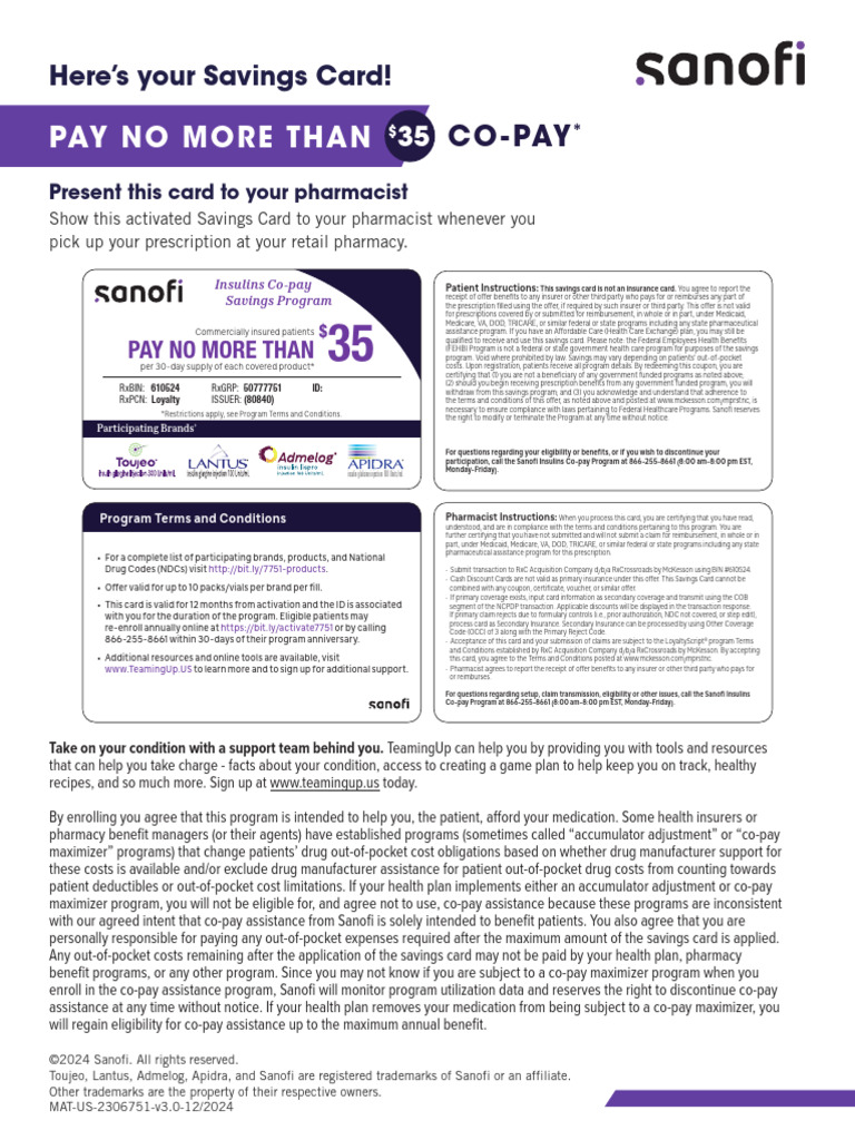 Lantus 1442667450 Copay Card | PDF | Prescription Drugs | Pharmacist