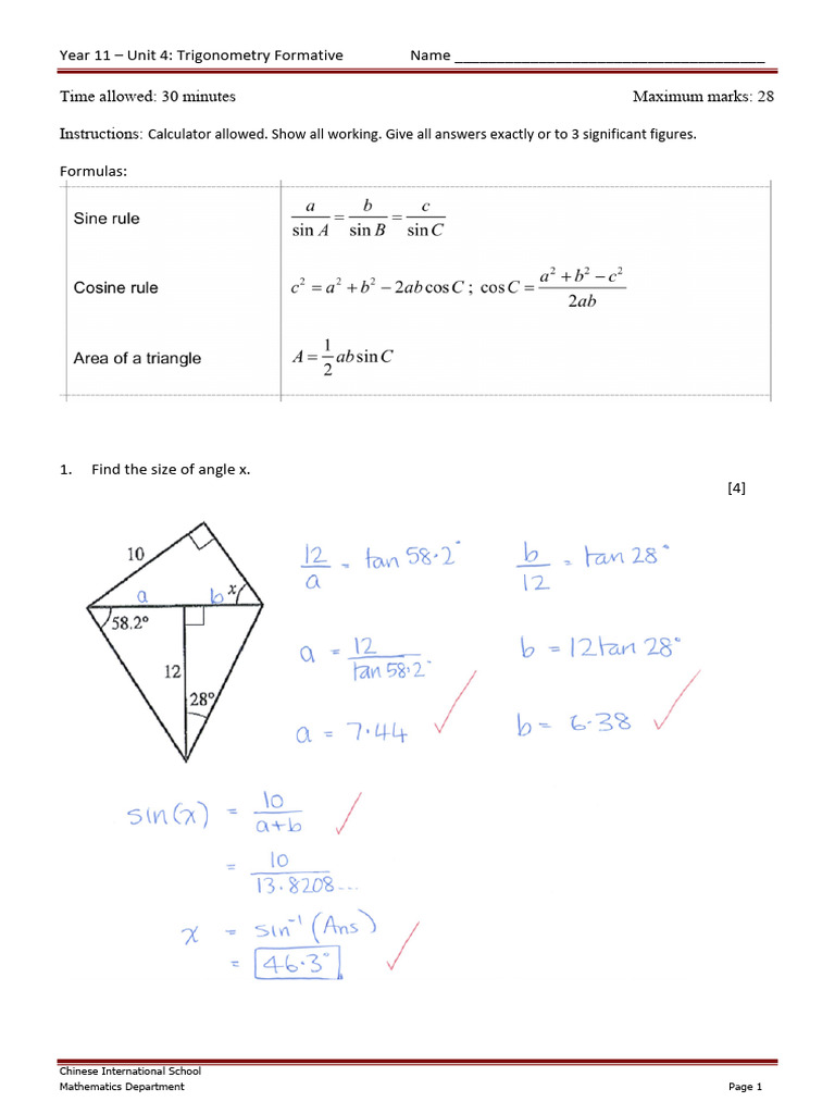 Year 11 Trigonometry Practice Test | PDF | Angle | Geometry