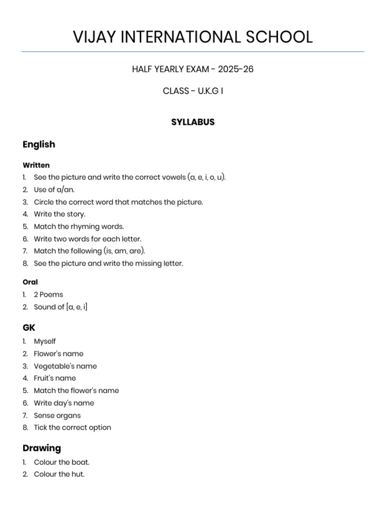 UKG Half Yearly Syllabus | PDF
