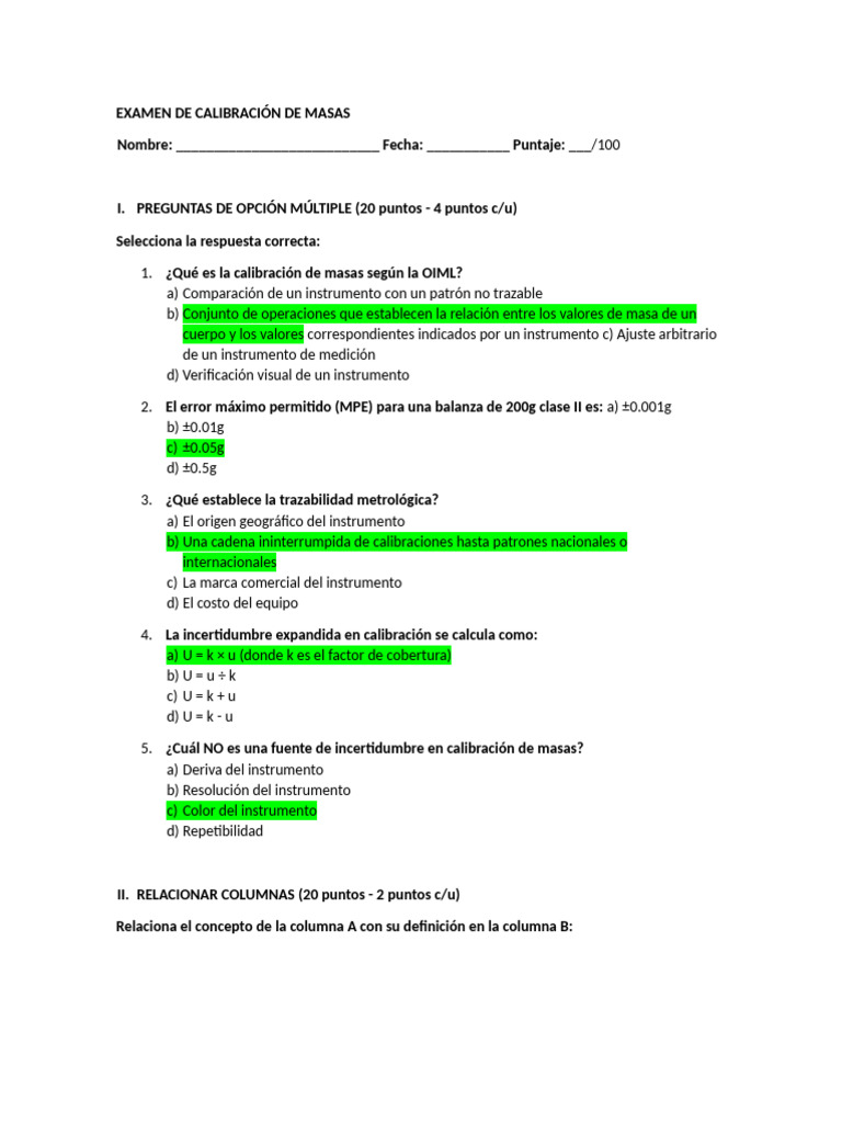 Examen de Calibraci-N de Masas | PDF | Calibración | Medición