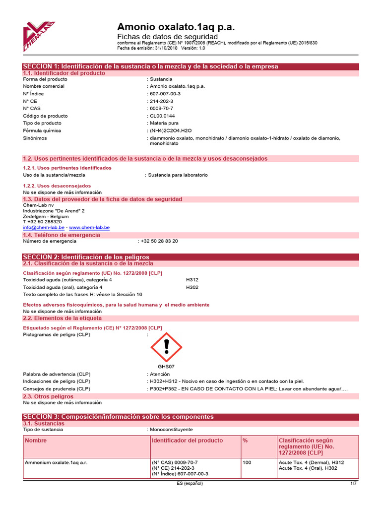 Ficha de Seguridad: Amonio Oxalato 1aq | PDF | Residuos | Residuos ...