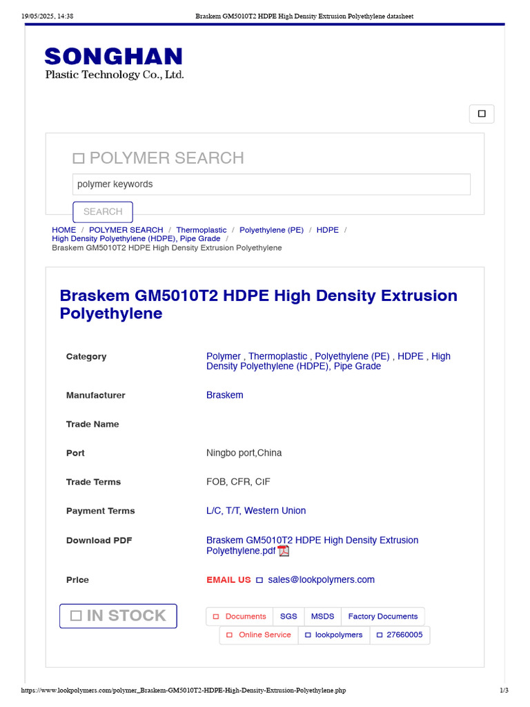 Braskem GM5010T2 HDPE High Density Extrusion Polyethylene Datasheet ...