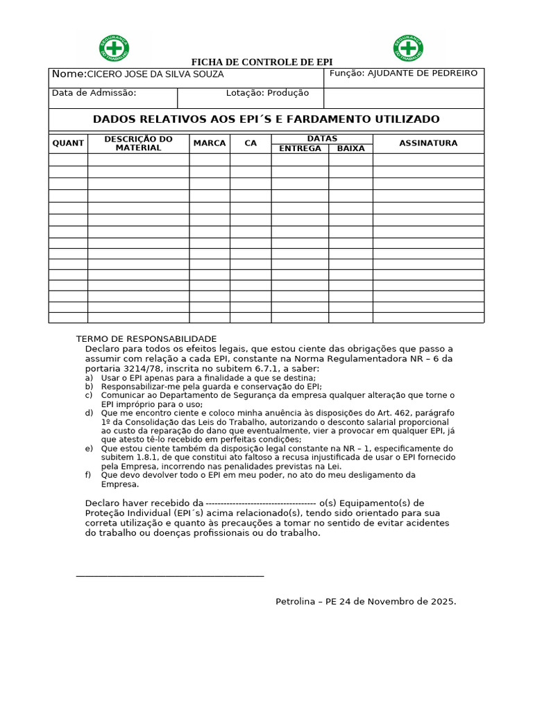 Ficha de Controle de EPI para Funcionários | PDF