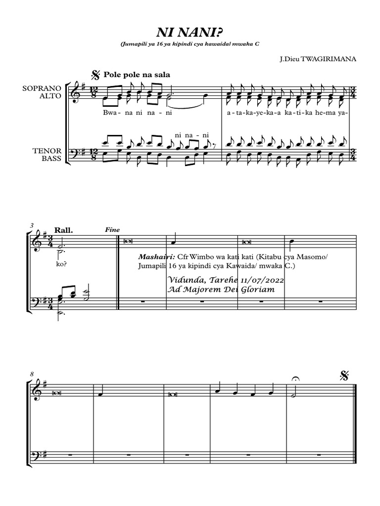 NI NANI (Wimbo wa katikati/ Jumapili ya 16/ kipindi cya kawaida/ mwaka C) / TWAGIRIMANA J.Dieu | PDF