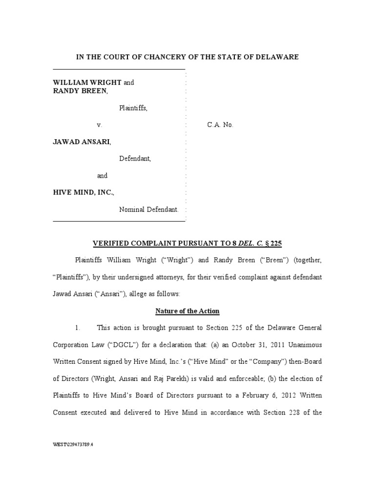 Verified Complaint | Board Of Directors | Delaware General Corporation Law