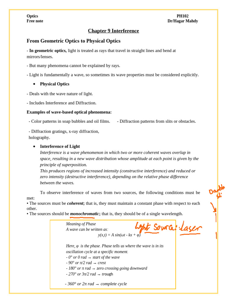Interference of Light in Optics | PDF | Coherence (Physics) | Diffraction
