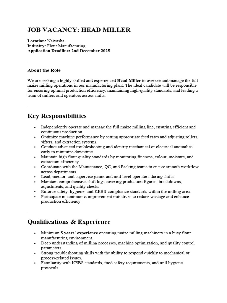 Head Miller Job Advert | PDF