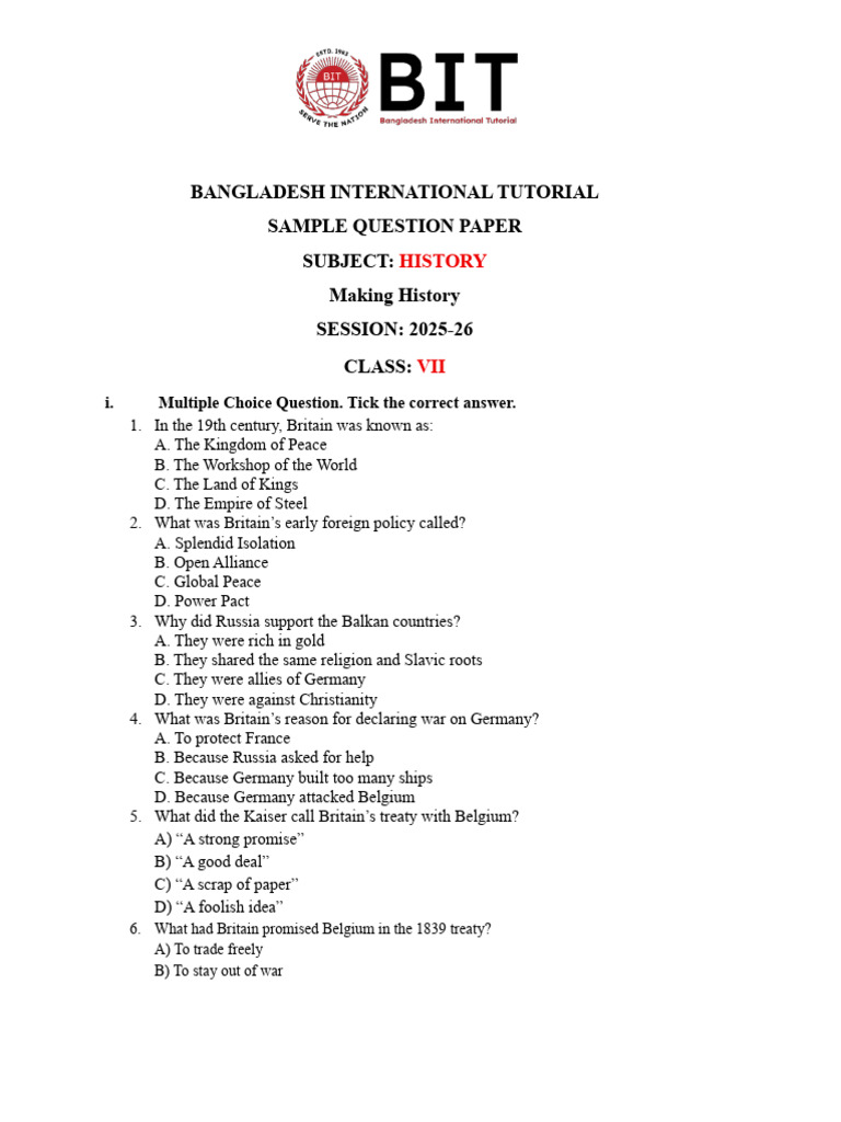 Grade 7 Question Paper Sample History | PDF | German Empire | World War I