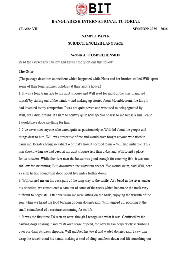 English Sample Paper for Class VII | PDF | Linguistic Morphology ...