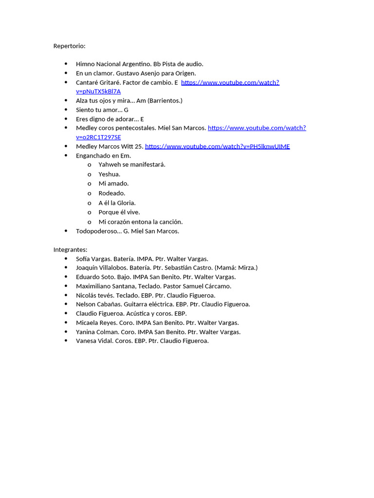 Repertorio Musical y Integrantes de Banda | PDF