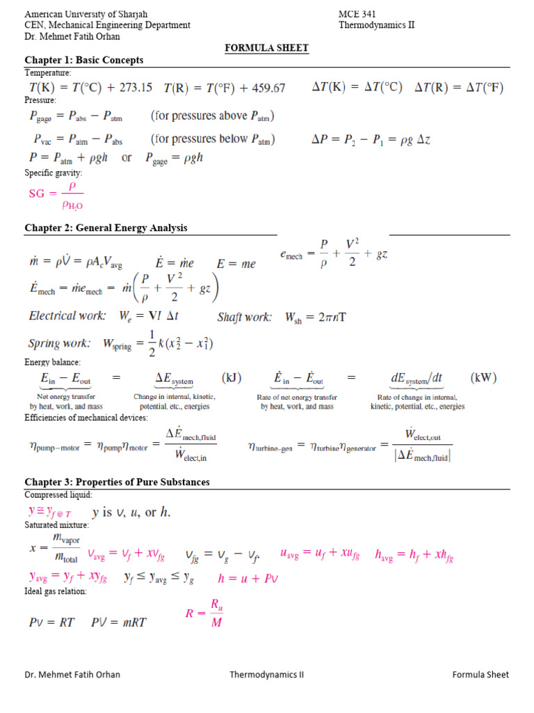 Thermodynamics II Formula Sheet Guide | PDF | Gases | Heat