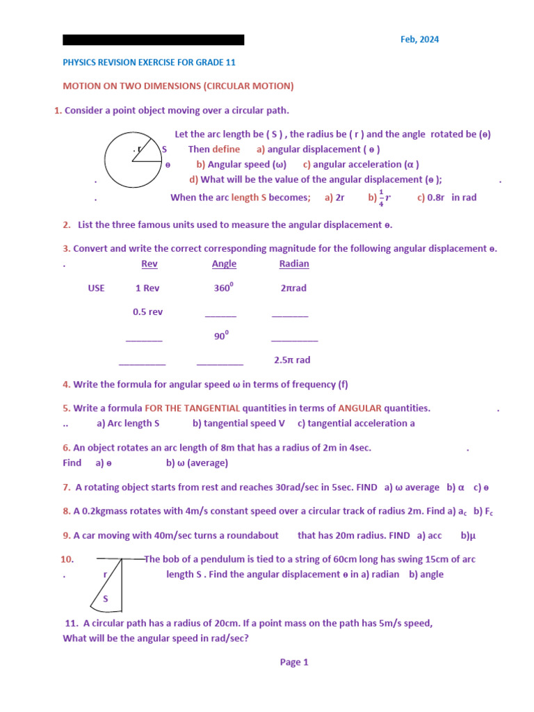 Phy. for Gr. 11 Circular Motion Worksheet | PDF | Acceleration | Mechanics